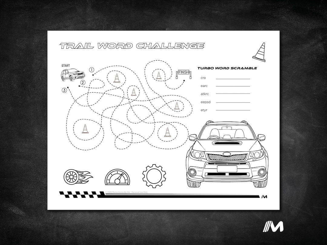 Trail Word Challenge | Printable Maze + Word Scramble | Car-themed ...