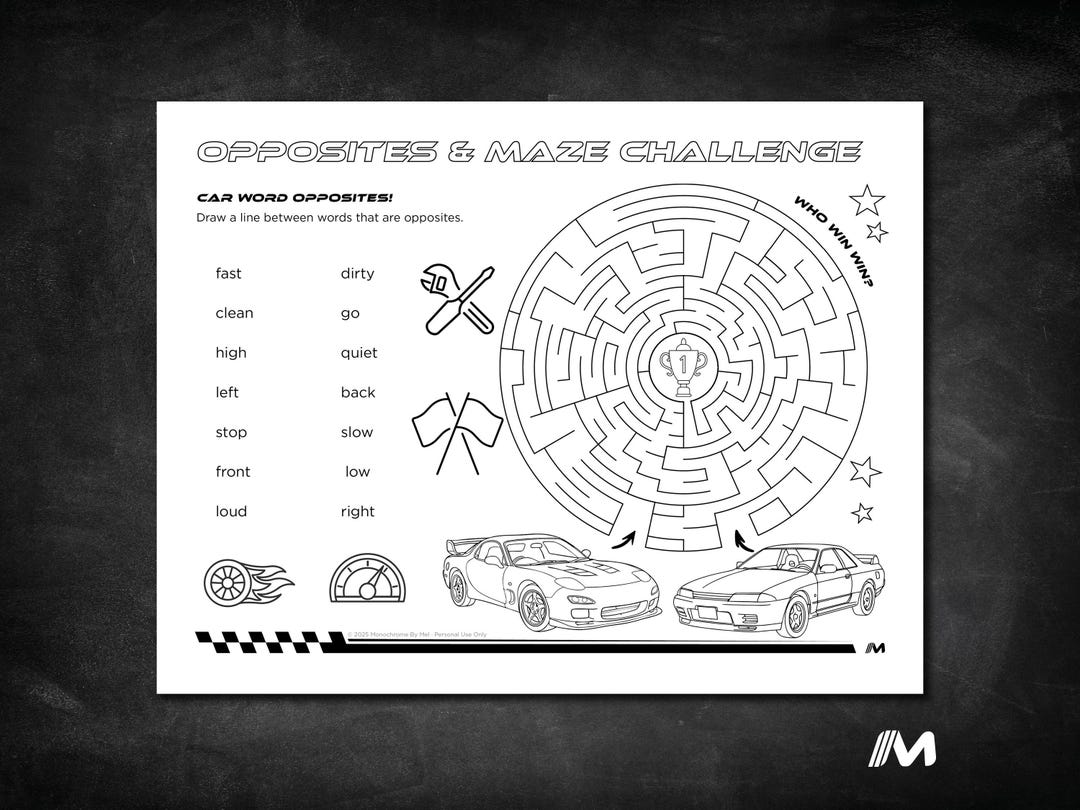Opposites & Maze Challenge | Car Word Opposites Printable | Car-themed ...