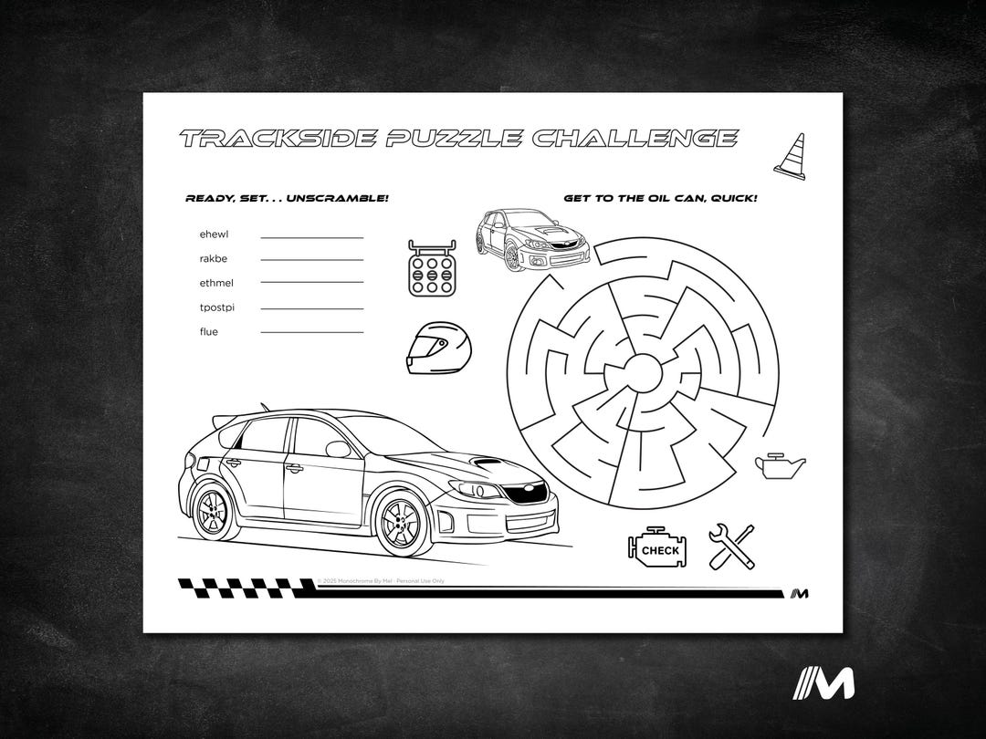 Trackside Puzzle Challenge | Printable Maze + Word Unscramble | Car ...