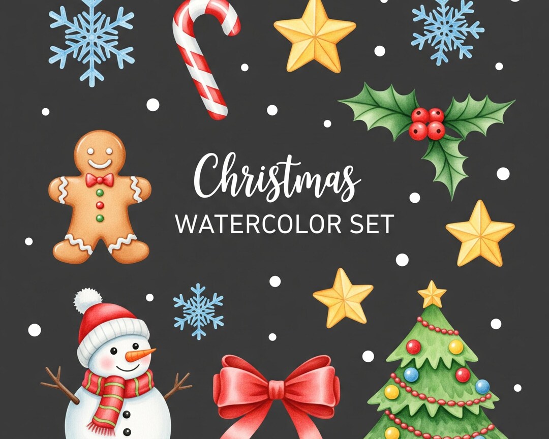 Cute Christmas Watercolor Clipart Set, Commercial Use Instant Download ...