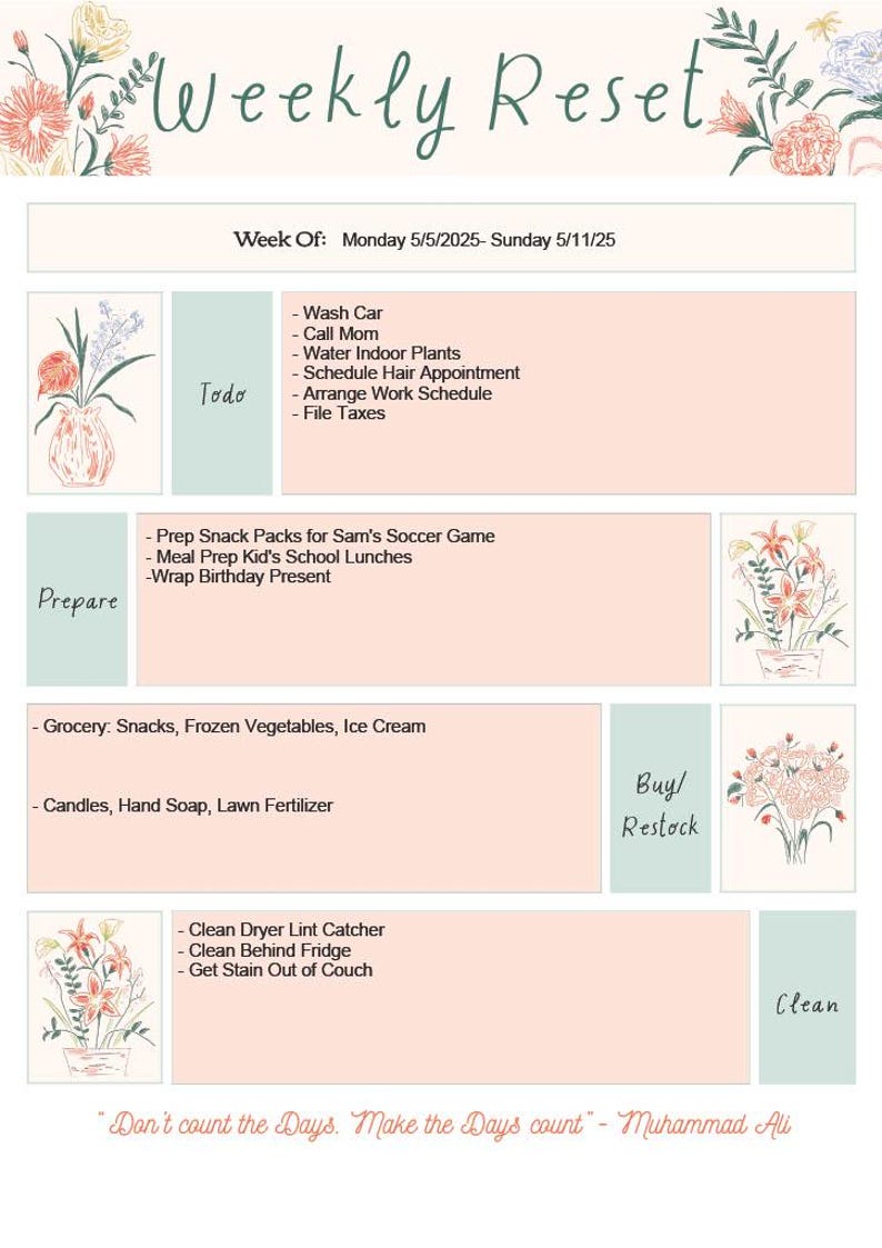 Printable "weekly Reset" Template- Tasks, Chores, Todo List - Etsy