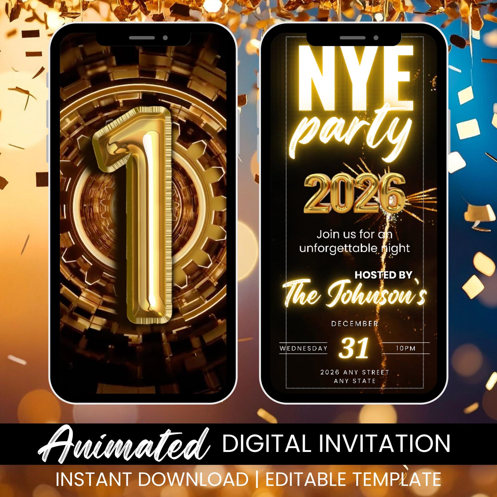 Animated New Year's Eve Party Invitation | Editable Canva Template ...