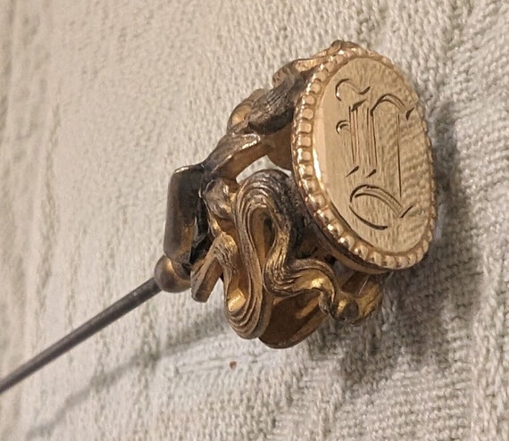 Antique Ornate BRASS VICTORIAN FILIGREE Hat Pin w/ Mo… - Gem