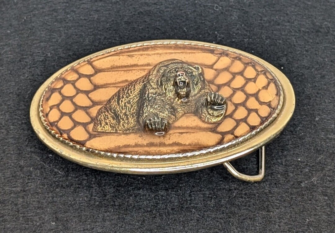 Vtg Mens Grizzly Bear Belt Buckle Handcrafted USA Beaver Buckle Co. 3 ...