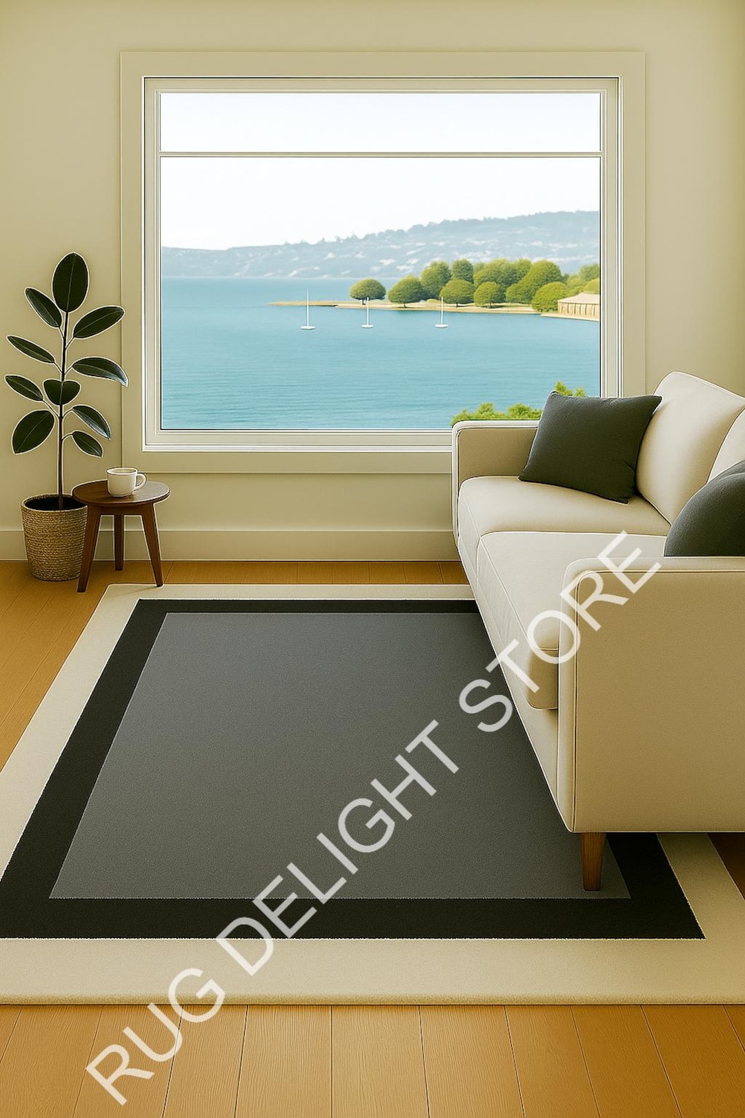 Modern Grey Border Area Rug – Minimalist Living Room Carpet Handmade by ...