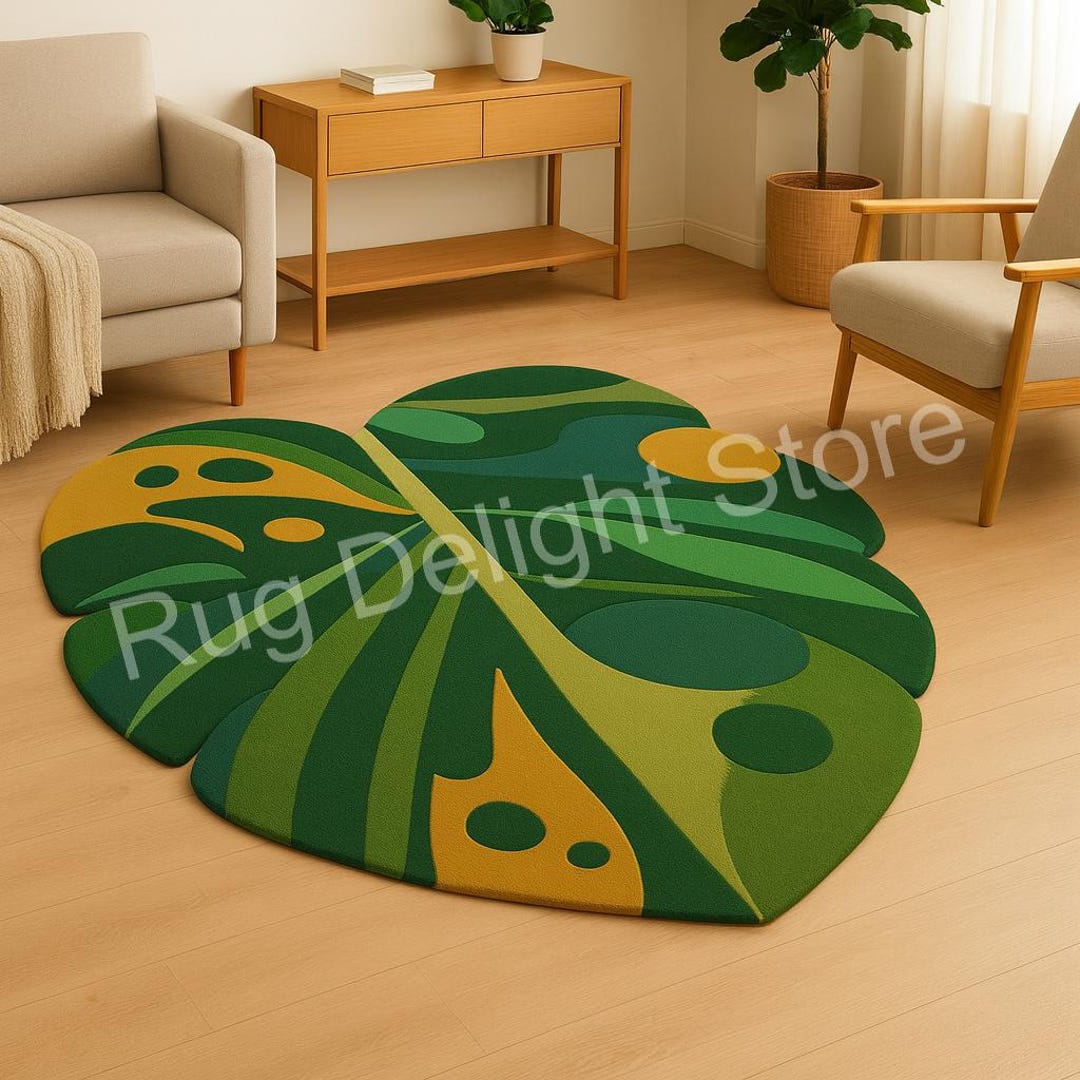 Leaf Shaped Green Abstract Rug – Modern Tropical Monstera Design ...