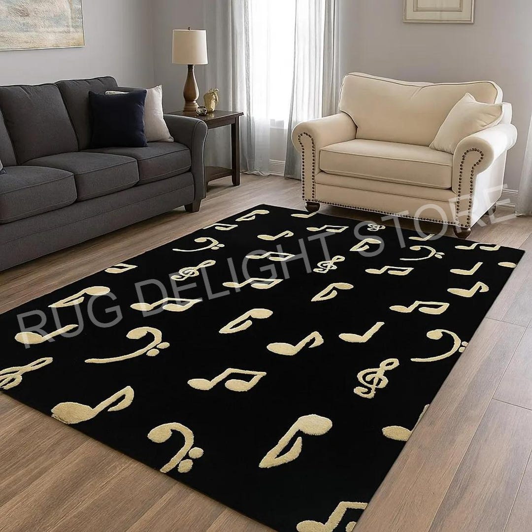 Black Music Notes Rug Modern Musical Theme Area Carpet, Treble Clef ...