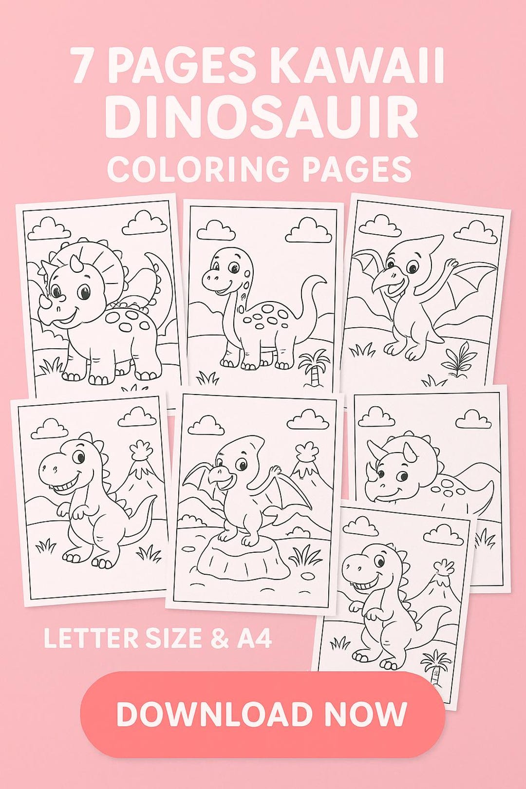 7 Kawaii Dinosaur Coloring Pages | Printable Cute Dino Coloring Book ...