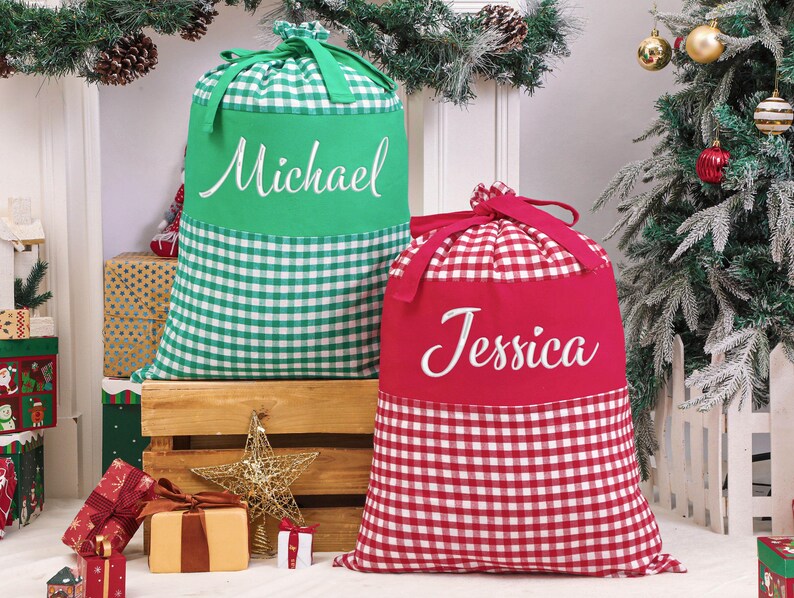 Personalized Large Santa Sack, Embroidered Plaid Santa Bag, Christmas ...