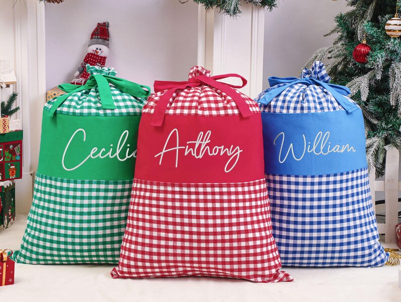 Personalized Large Santa Sack, Embroidered Plaid Santa Bag, Christmas ...