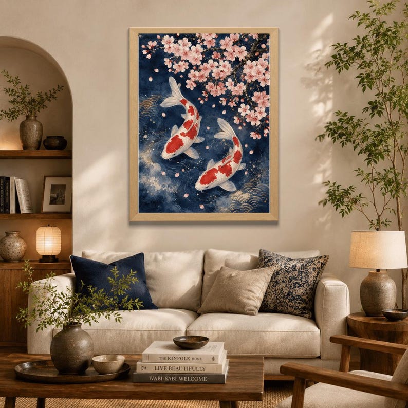 Japanese Koi Sakura Sunset Wall Art | Zen Lotus Pond Print (digital ...