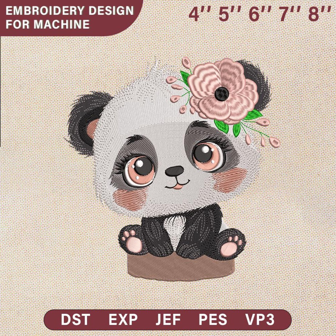 Baby Panda Embroidery Design, Cute Cartoon Panda With Flower Accent ...