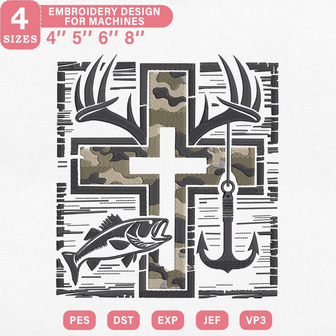 Hunting Camo Cross With Antlers and Fish Embroidery Design, Outdoor ...
