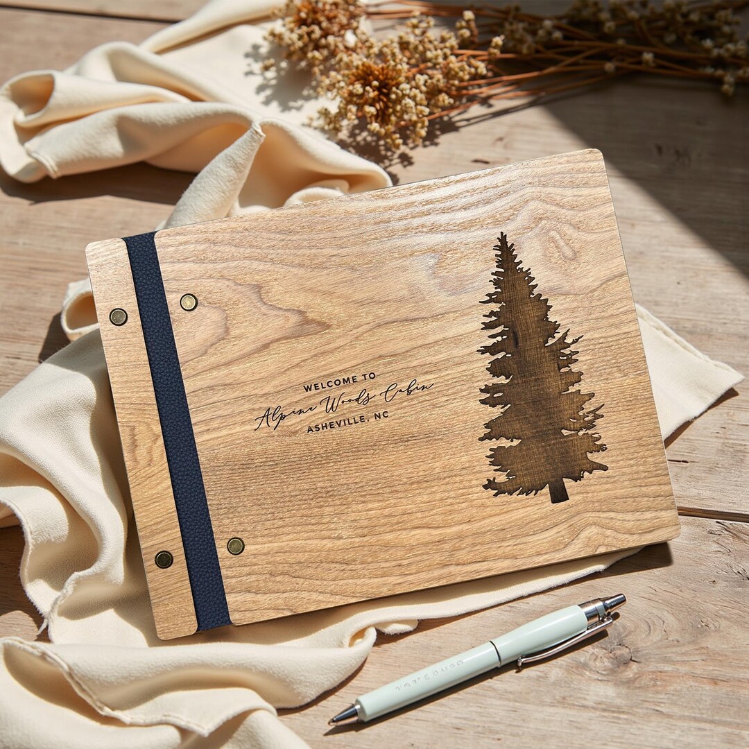 Wooden Guest Book, Pine Tree Guestbook, Custom Cabin Lodge Welcome Book ...