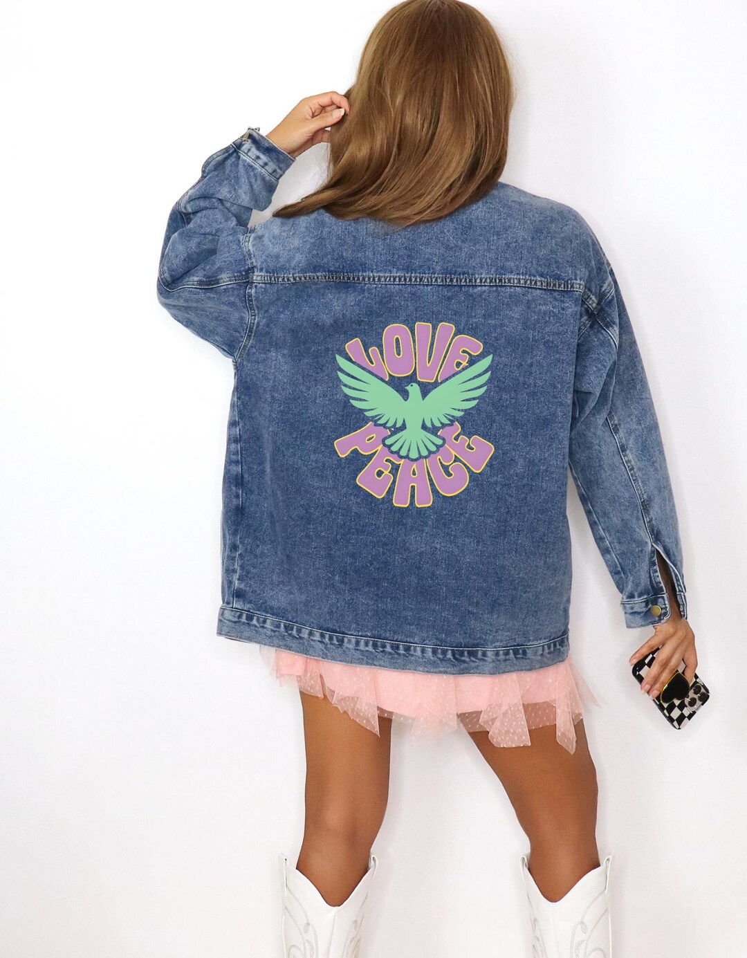 Women's Denim Jacket With Love Peace Design, Vintage Jacket, Casual ...