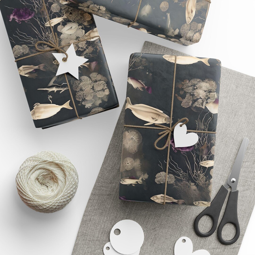 Vintage Botanical Fish Pattern Wrapping Papers | Dark Ocean Floral ...
