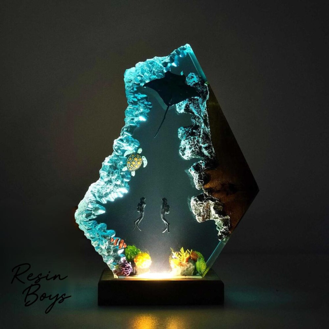 Underwater Sculpted Glow • Manta Ray & Diver Wood Art • Aquatic ...