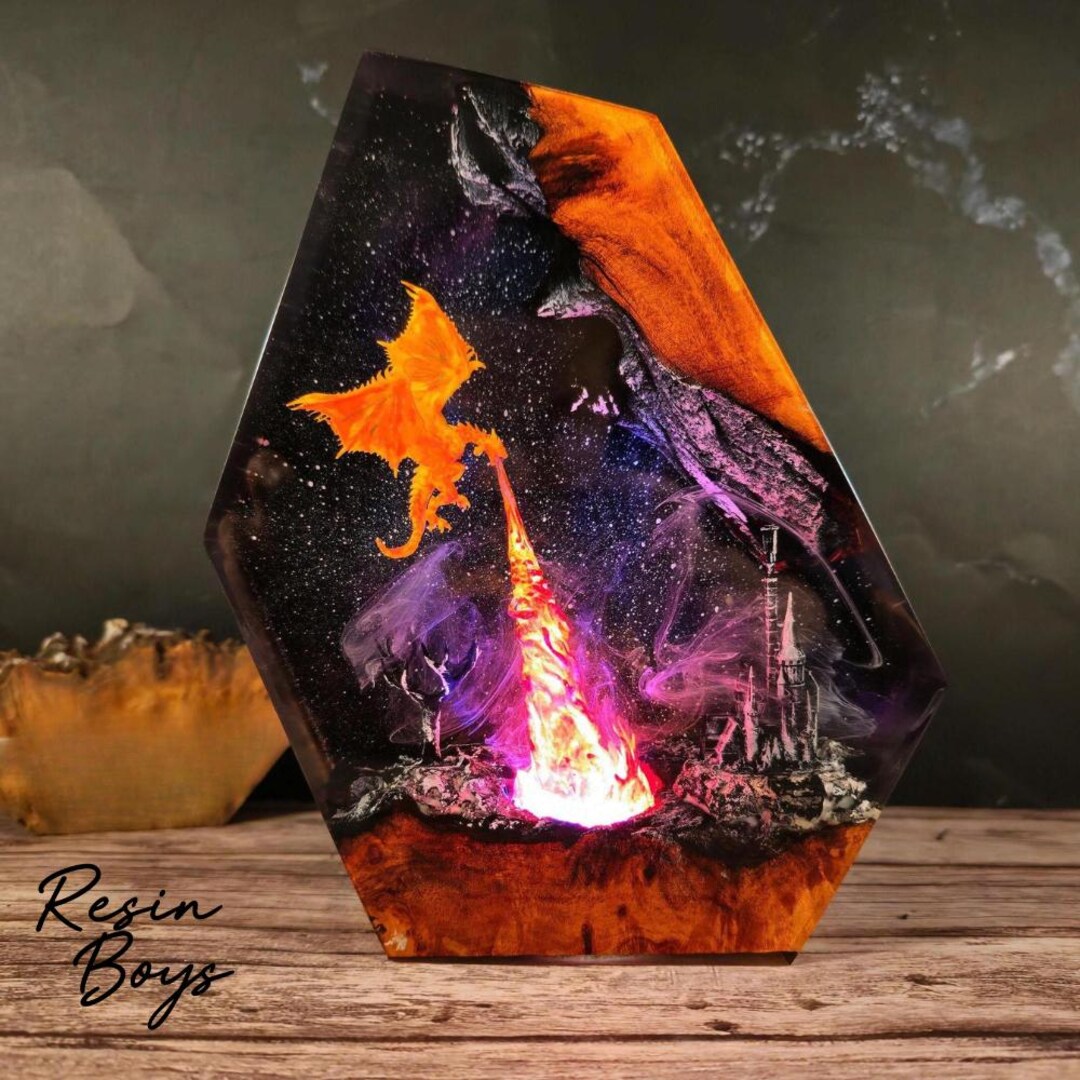 Dragon Resin Lamp • Fire-breathing Fantasy Night Scene • Castle Volcano ...