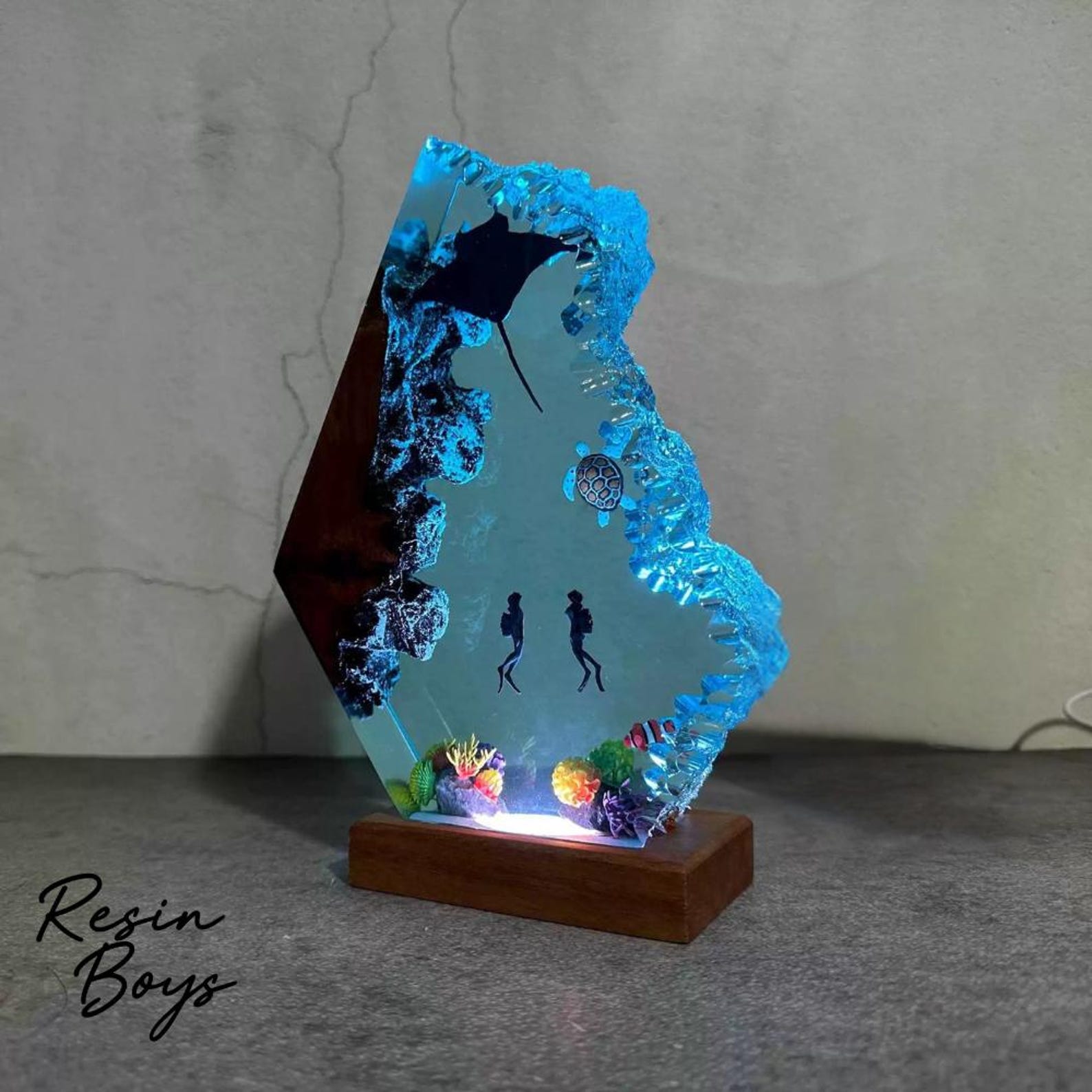 Underwater Sculpted Glow • Manta Ray & Diver Wood Art • Aquatic ...