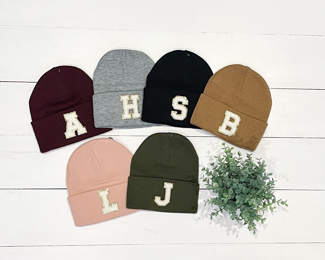 Adult White + Gold Glitter Sewn on Letter Patch Beanies | Winter Hat ...