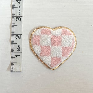 Light Pink + White Checkered Heart Chenille Iron on Patch (6cm) With ...