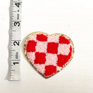 Red + Light Pink Checkered Chenille Heart Iron on Patch (6cm) With Gold ...
