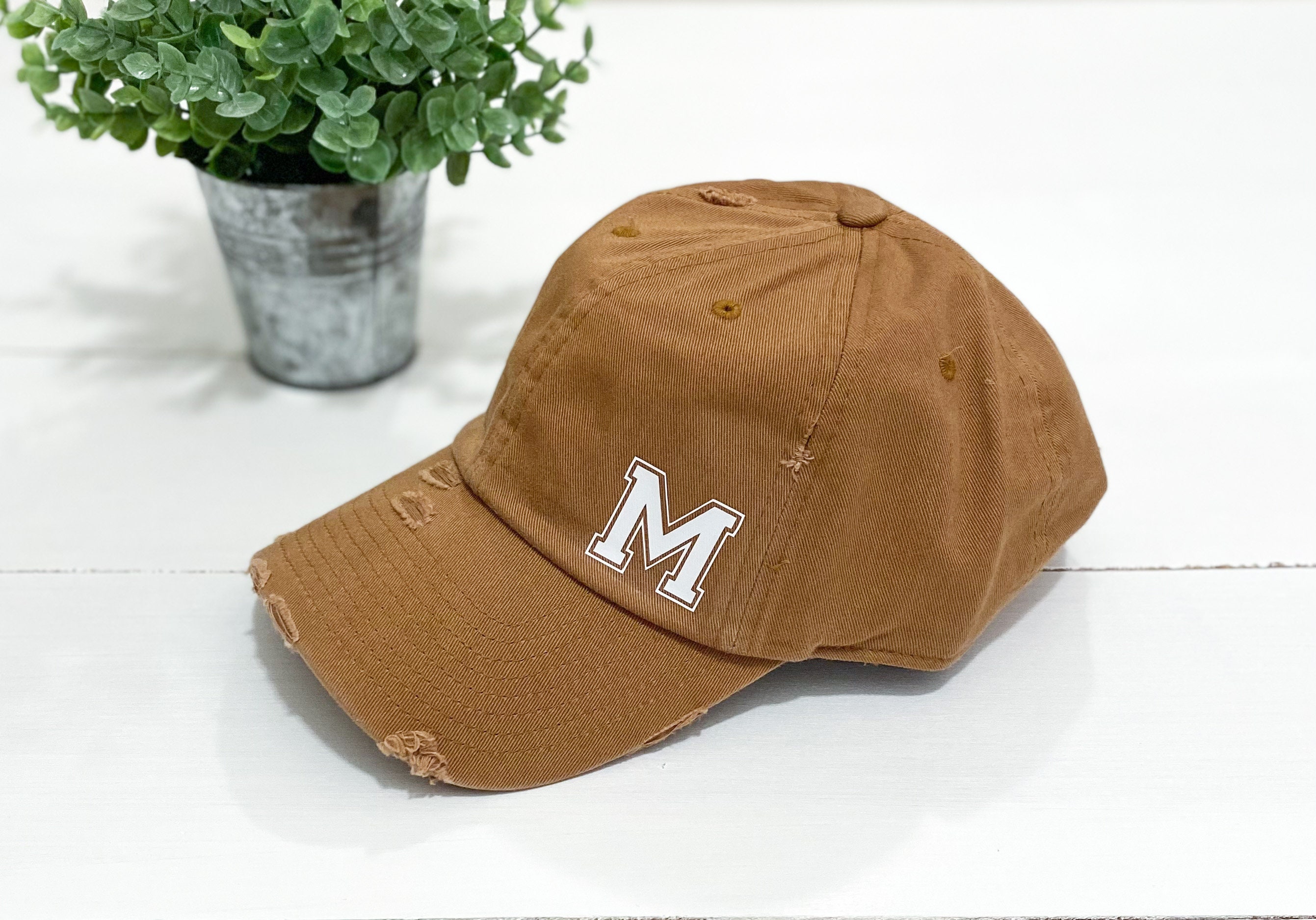 Varsity Letter Initial Distressed Baseball Hat in Dark Camel ...