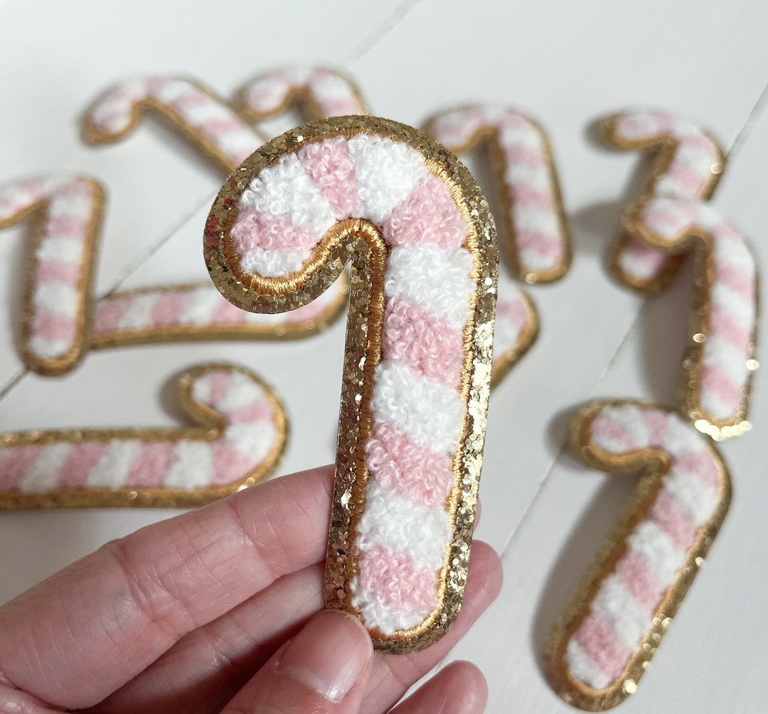 Pink + White Stripe Chenille Candy Cane Patch With Gold Glitter Outline (8cm) | Christmas ...