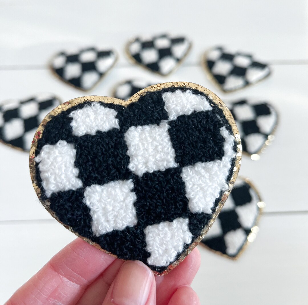 Black + White Checkered Chenille Heart Iron on Patch (6cm) With Gold ...
