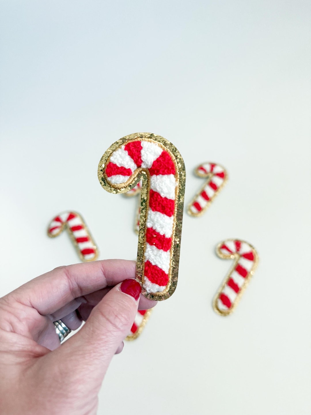 3.12" Red + White Candy Cane Chenille Iron on Patch With Gold Glitter ...