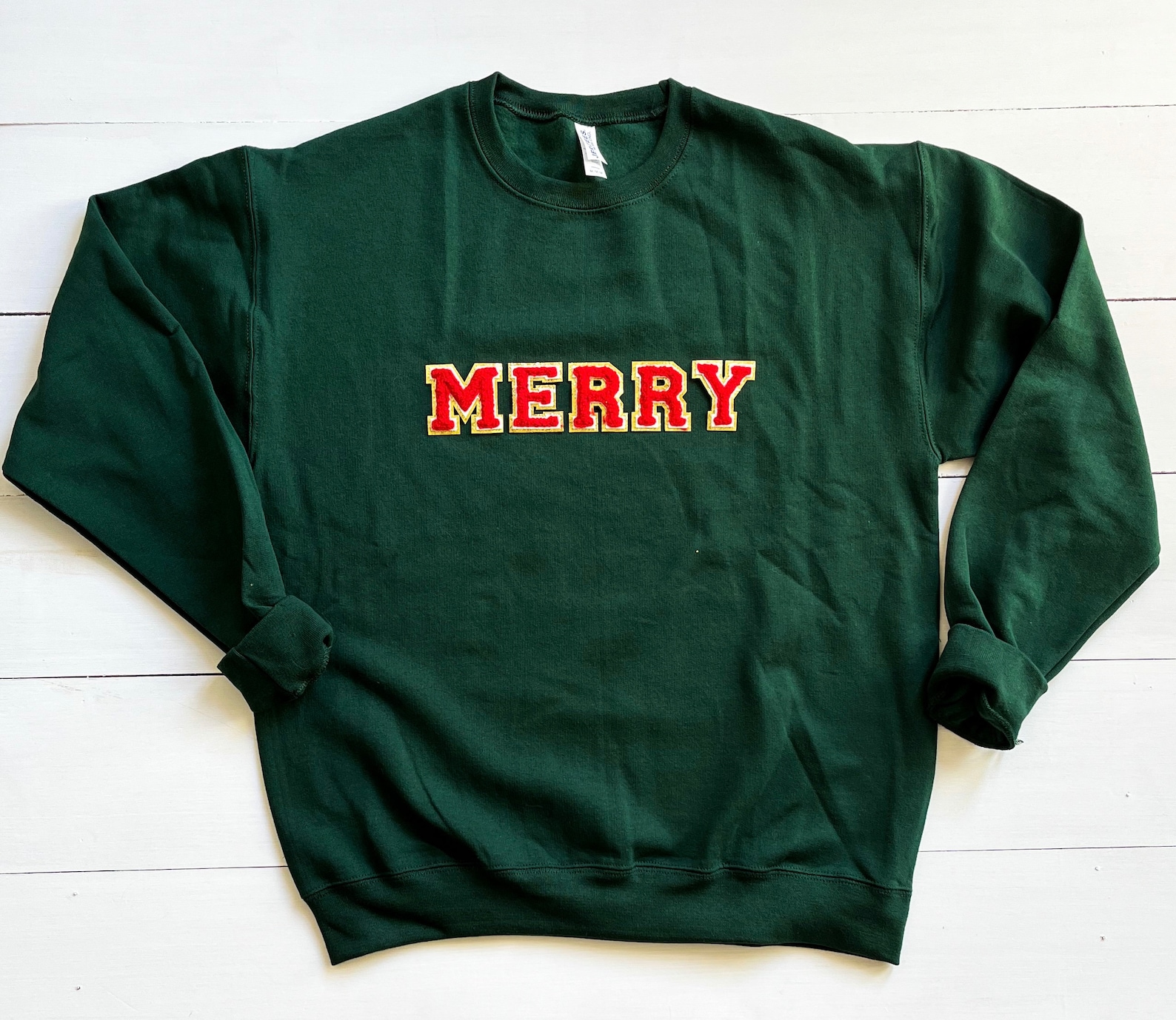 Merry Red Gold Glitter Chenille Letter Patch Crewneck - Etsy