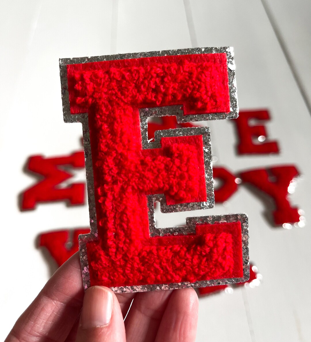Bright Red + Silver Glitter 3.12" Chenille Letter Patches | Christmas Letters | Fuzzy Letters ...