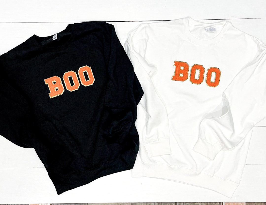 Adult Orange + Gold Glitter BOO Letter Patch Crewneck Sweatshirt | Cute ...