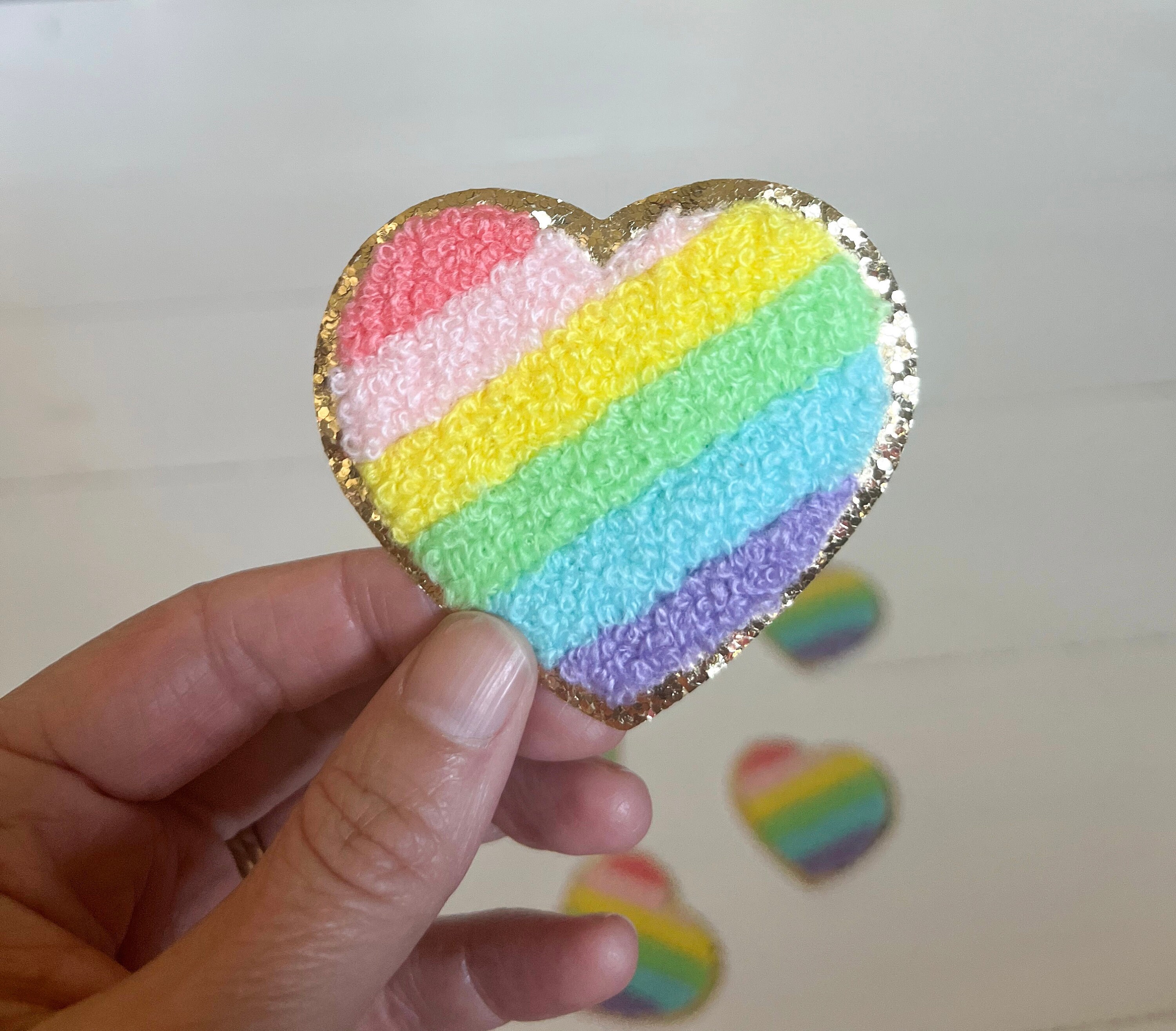 2.4" Pastel Rainbow Heart Chenille Iron Patch With Gold Glitter Trim - Etsy