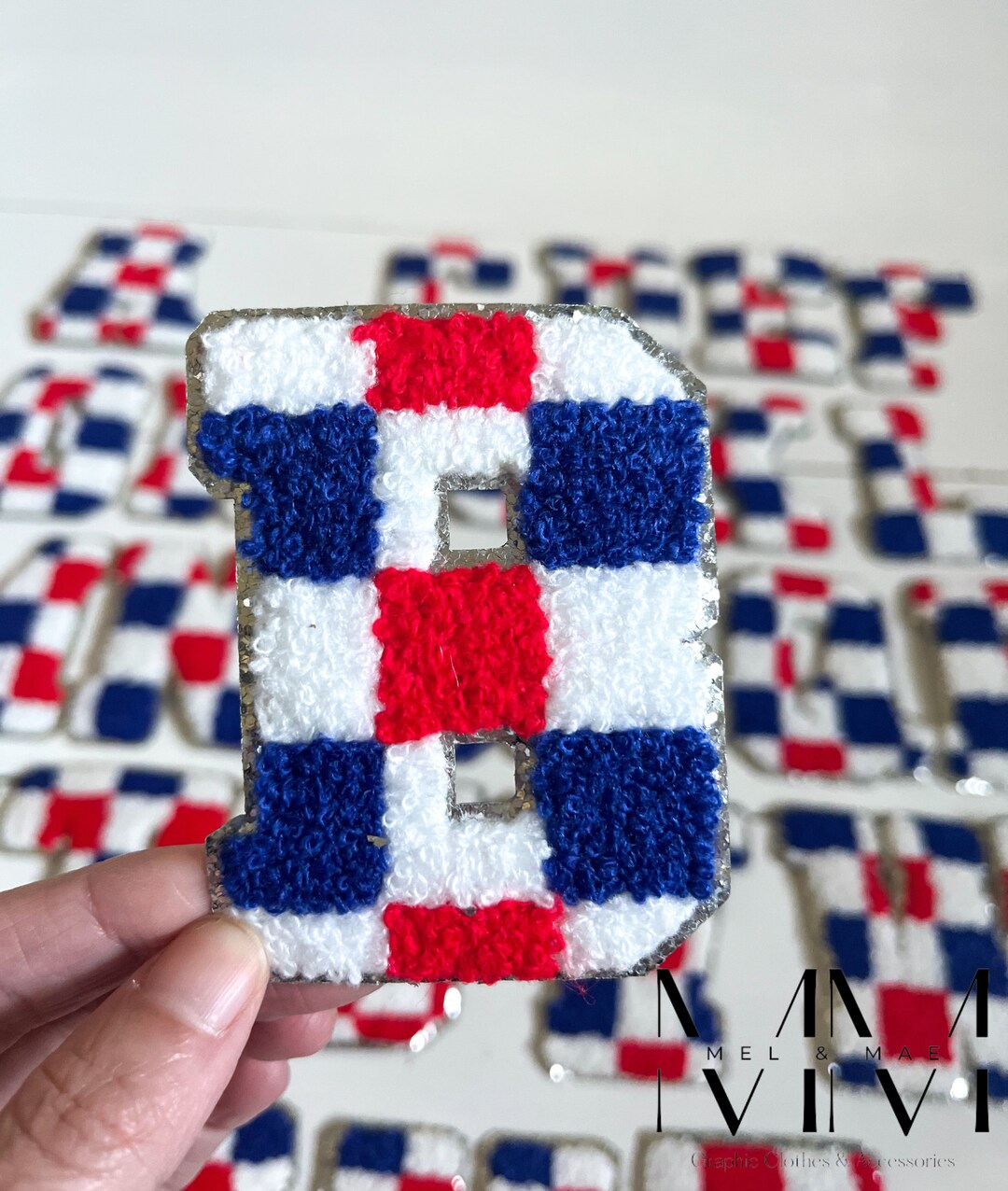 Red White Blue Checkered Iron on Letter Patch With Silver Glitter - Etsy