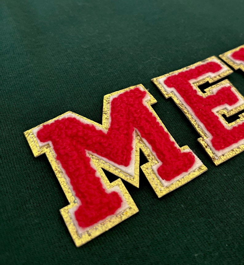Merry Red Gold Glitter Chenille Letter Patch Crewneck - Etsy