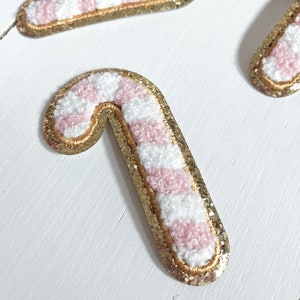 Pink + White Stripe Chenille Candy Cane Patch With Gold Glitter Outline (8cm) | Christmas ...
