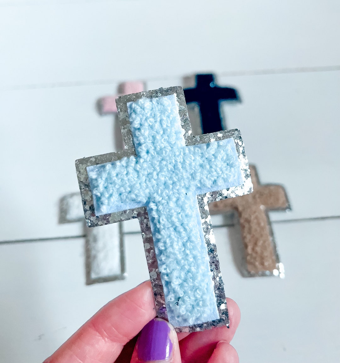3.12" Cross Chenille + Silver Glitter Iron on Patches | Easter ...