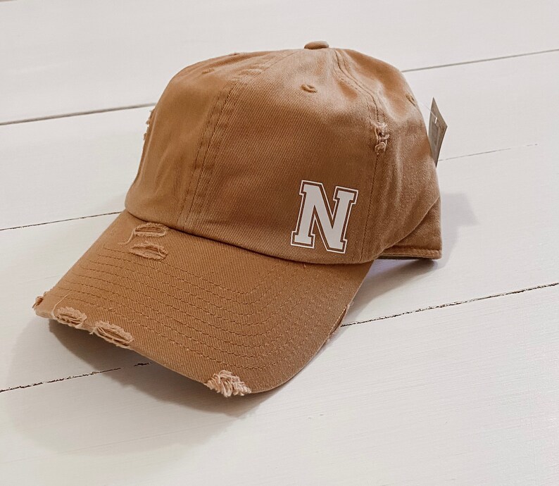 Varsity Letter Initial Distressed Baseball Hat in Dark Camel ...