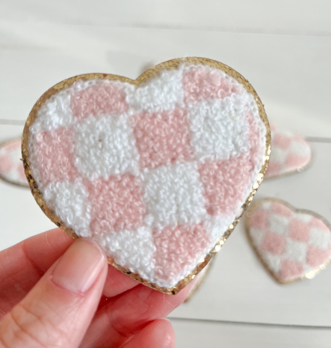 Light Pink + White Checkered Heart Chenille Iron on Patch (6cm) With ...