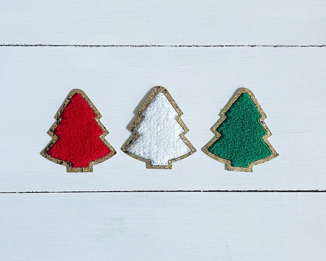 3.12" Red, White + Green Chenille Iron on Christmas Tree Patches With ...