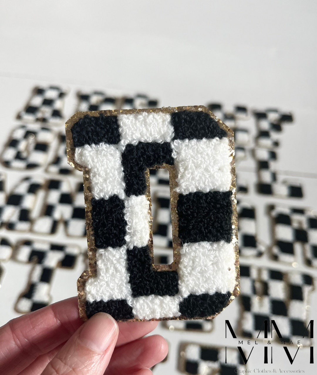 Checkered Chenille Letter Patch: Black & White With Gold Glitter Trim ...