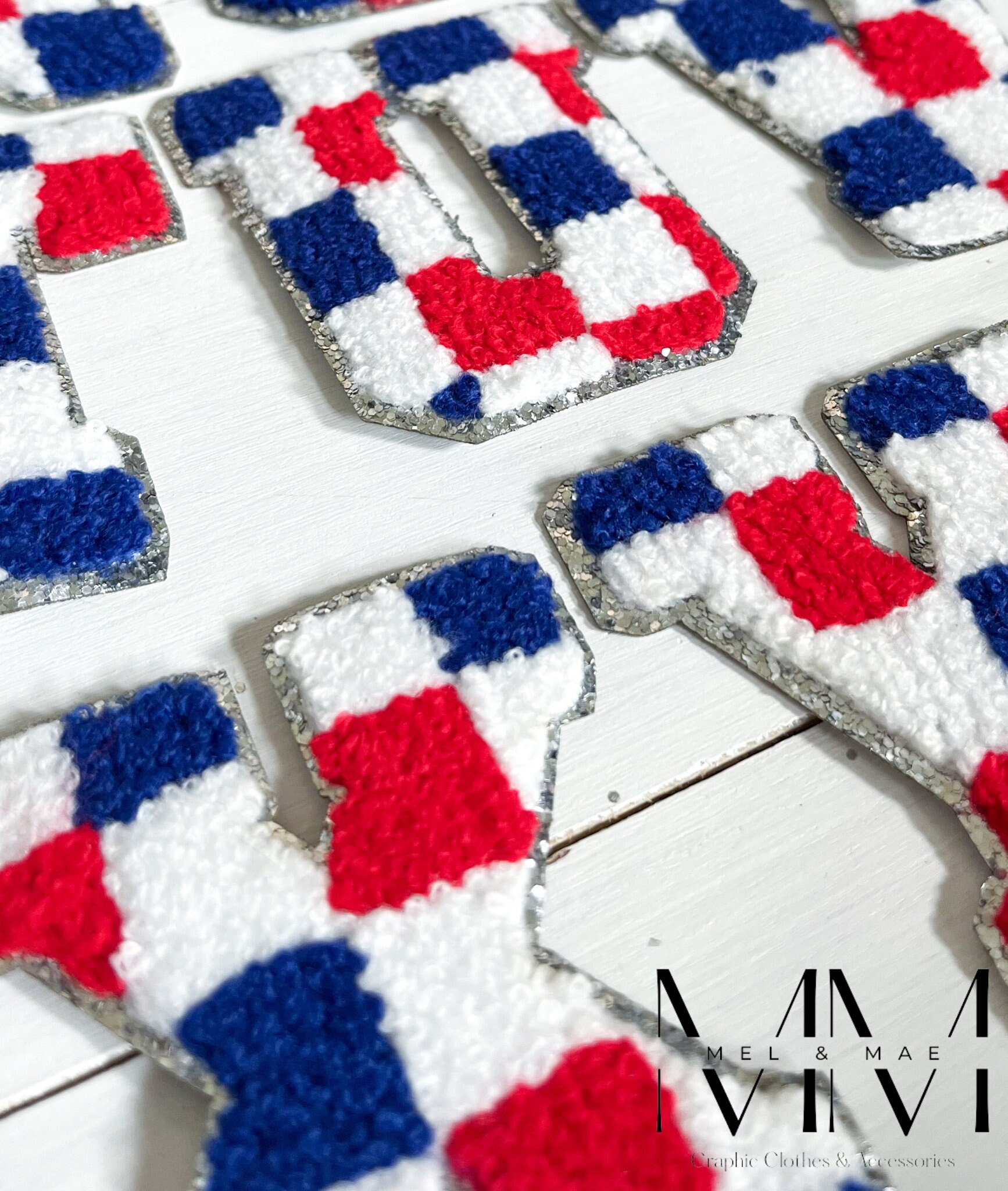 Red White Blue Checkered Iron on Letter Patch With Silver Glitter - Etsy