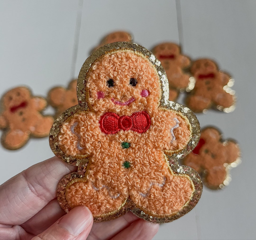 Gingerbread Man Chenille Iron on Patch 8cm With Gold Glitter Outline Christmas Patches Cute Iron ...