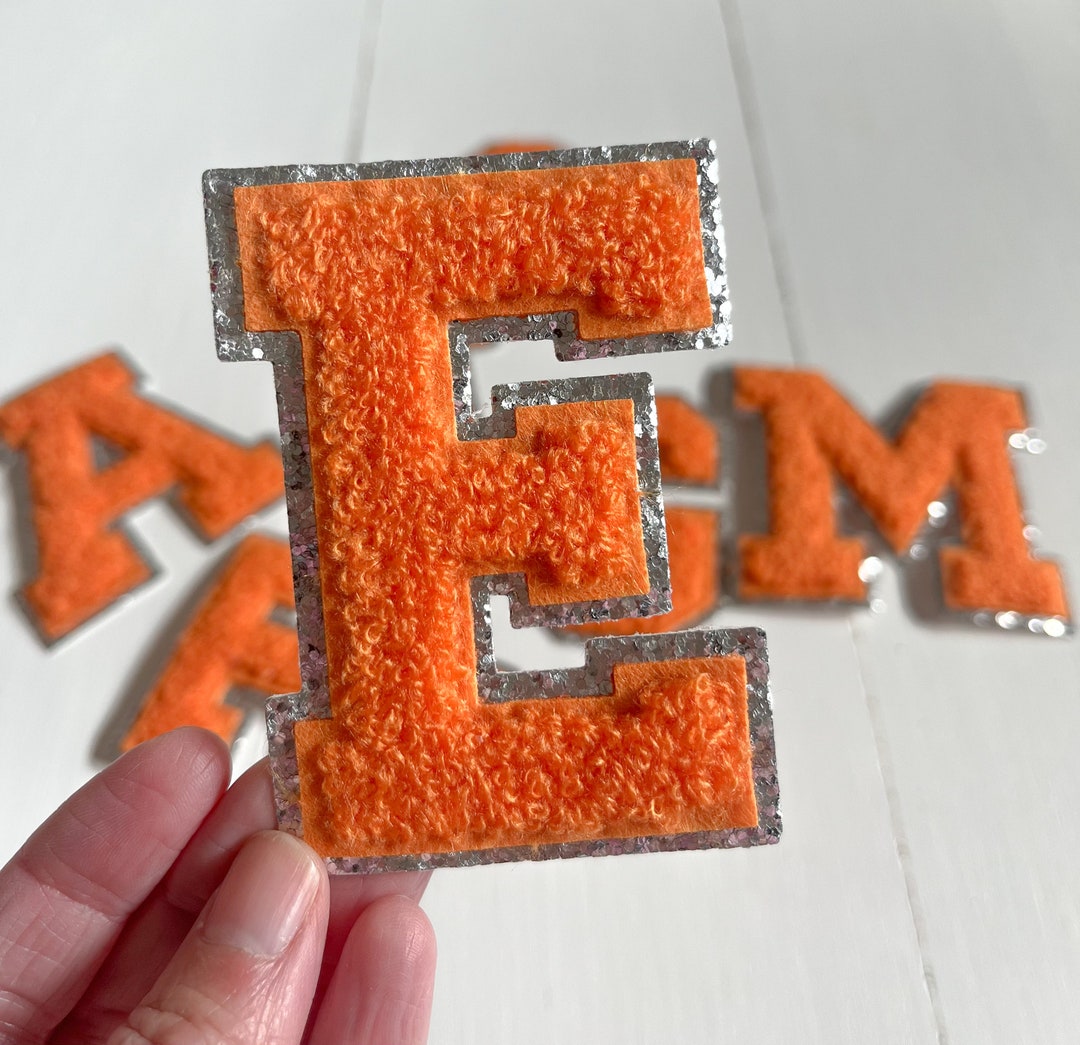 Orange + Silver Glitter Chenille Letter Patch: Iron-on Varsity DIY (3. ...