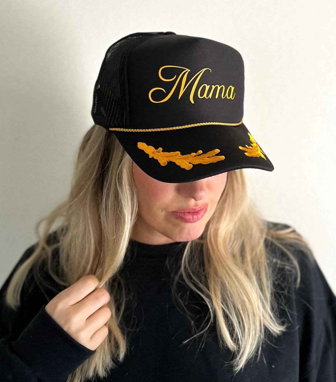 Mama + Fancy Initial Black and Gold Leaf Adult Foam Trucker Hat | Mom ...