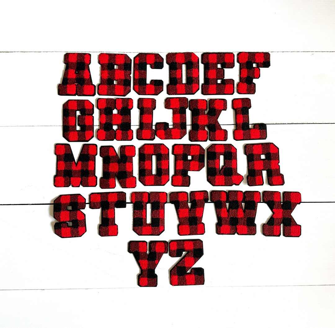 3.12" Red + Black Buffalo Checkered Iron on Chenille Letter Patches ...