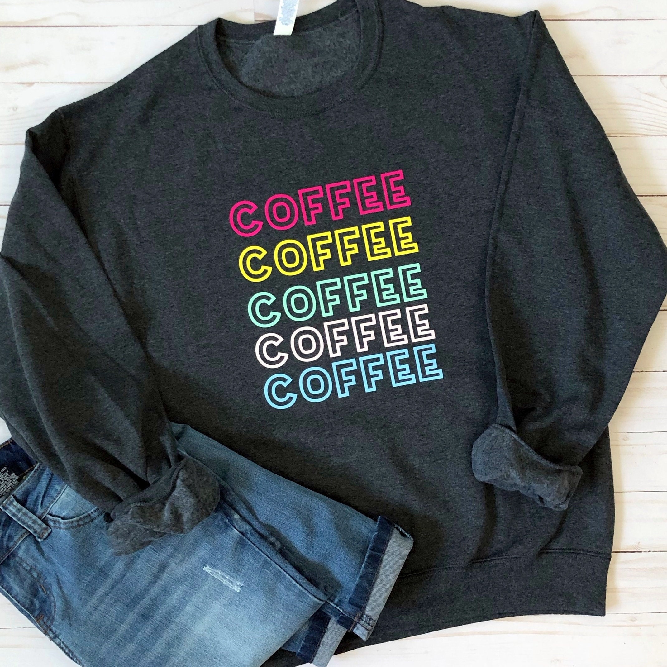 Rainbow Retro Coffee Graphic Sweatshirt Charcoal Colorful | Etsy