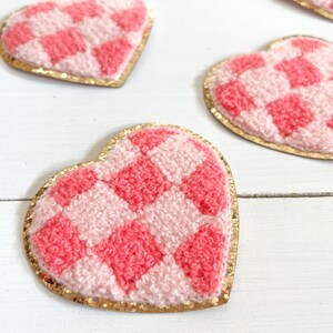 Light + Dark Pink Checkered Chenille Heart Iron on Patch (6cm) With ...