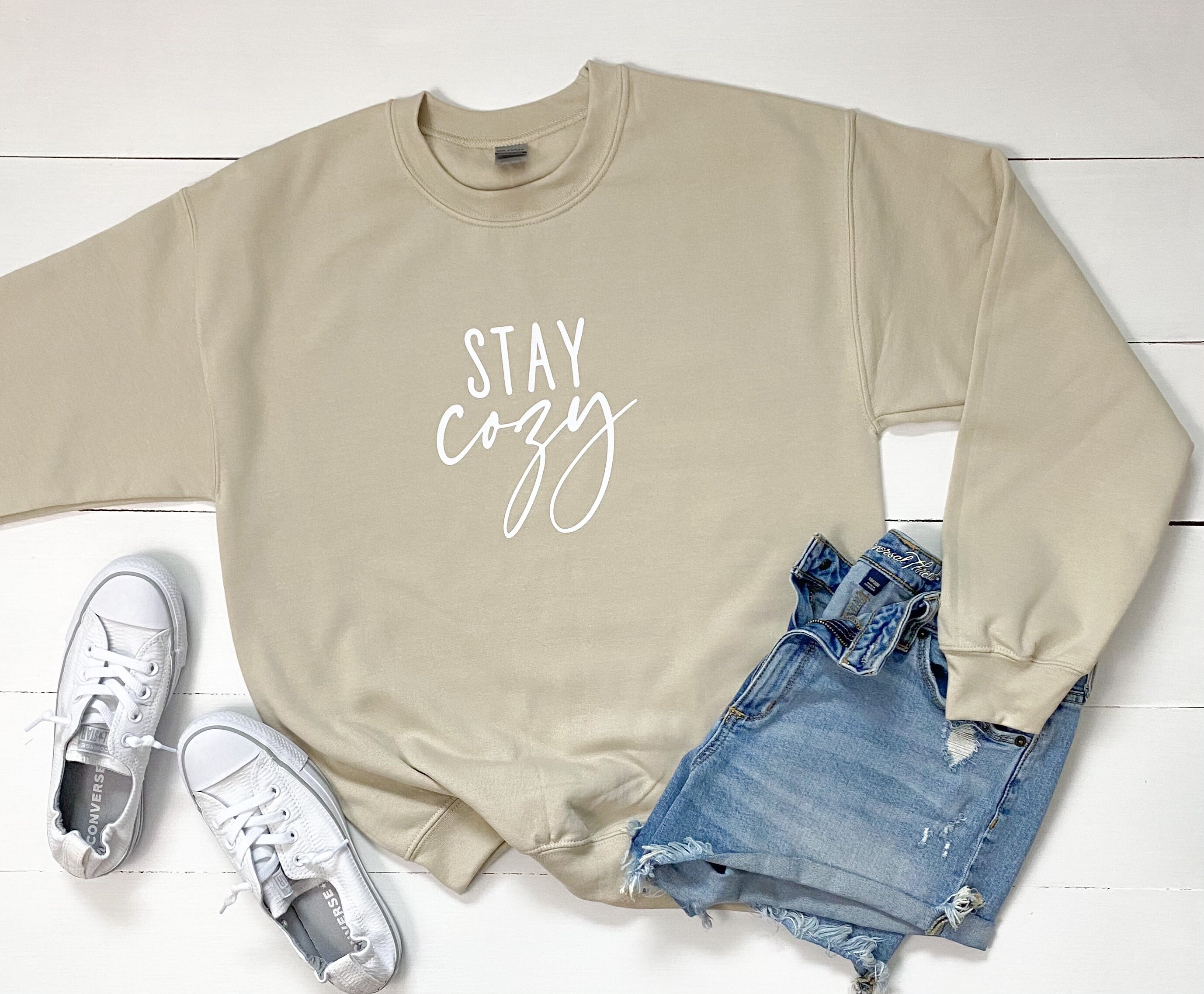 Stay Cozy Graphic Sweatshirt Tan Sand Color Winter | Etsy